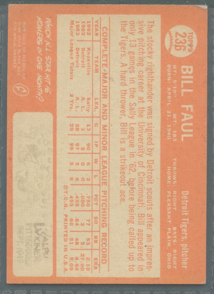 1964 Topps #236 Bill Faul Detroit Tigers | eBay