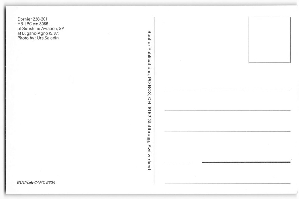 Postcard Airline SUNSHINE AVIATION Dornier HB-LPC BUCHairCARD Unposted ...