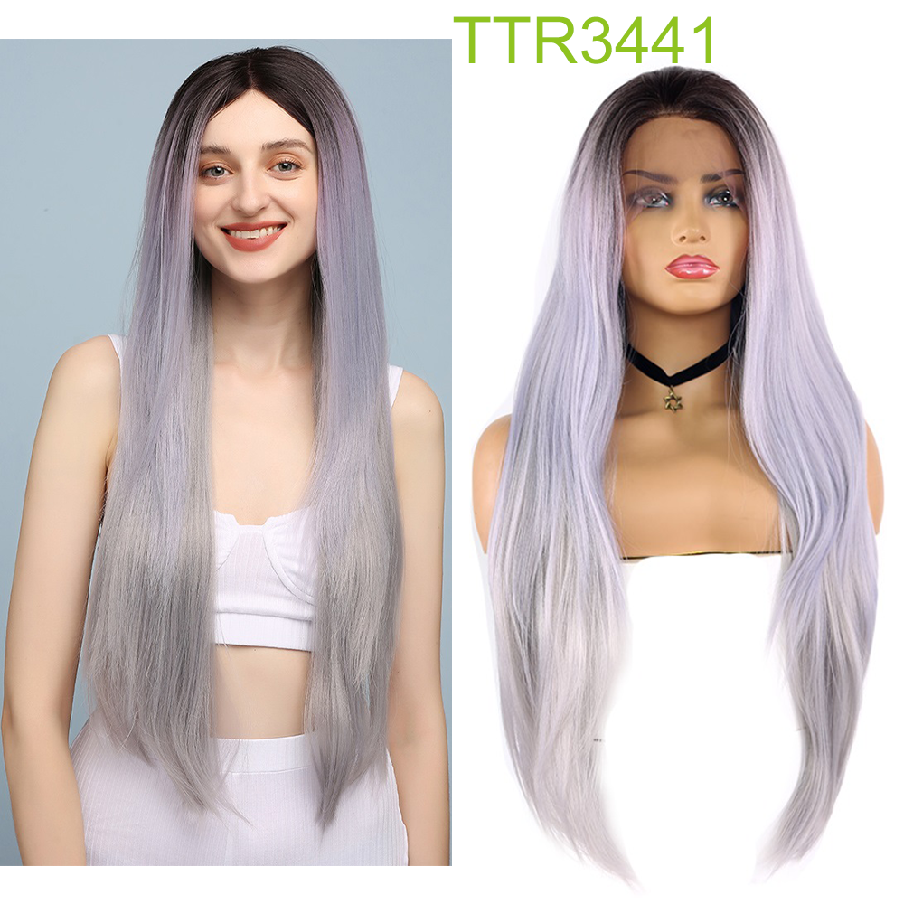 Long Straight Lace Front Wig Women Brown Gray Blue Gradient Wigs Cosplay Party | eBay