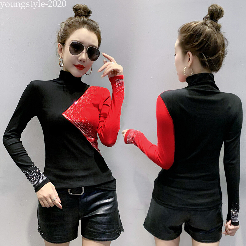 Women Sexy Rhinestone Mesh Sheer Mock Neck Party Club Slim Tops ...