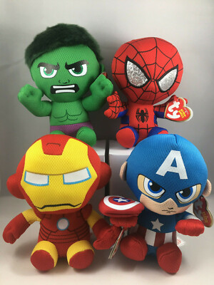 Set of 4 TY Beanie Baby 6" Spiderman Hulk Iron Man Captain America ...