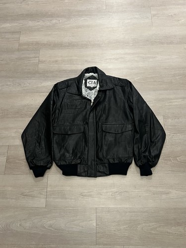 Vintage 90s CIA Black Leather Map Lined Bomber Flight Jacket Men’s Size ...