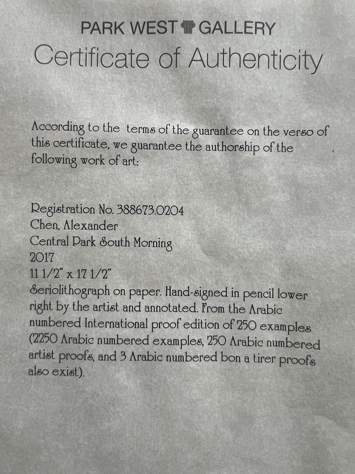 Central Park South Morning Alexander Chen framed signed Limited Edition ...