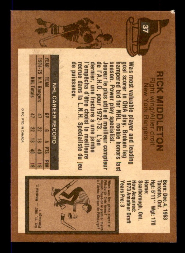 1975 OPC O-Pee-Chee Hockey #37 Rick Middleton VG/EX *e1 | eBay