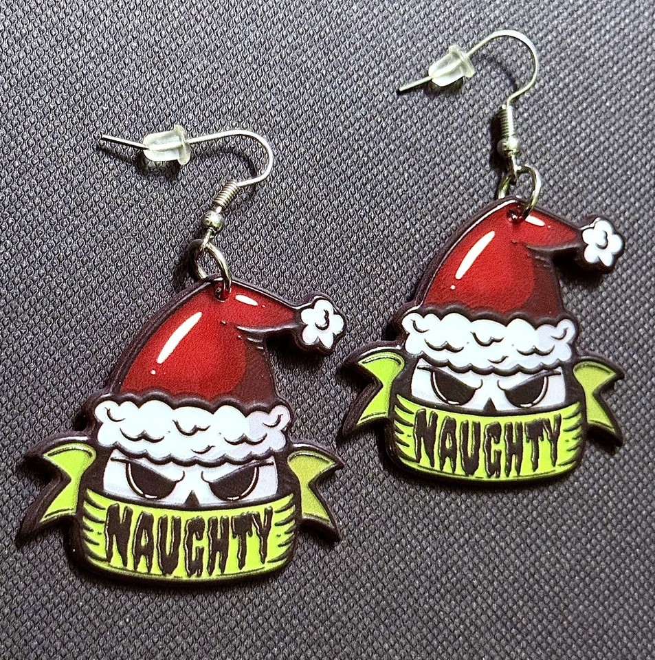Naughty Skull Santa Hat Christmas Spirit Acrylic Earrings Festive Alt ...