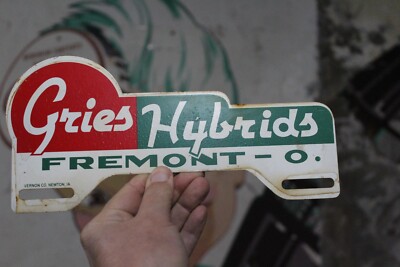 1950s GRIES HYBRIDS FREMONT OHIO PAINTED METAL PLATE TOPPER SIGN SEED ...