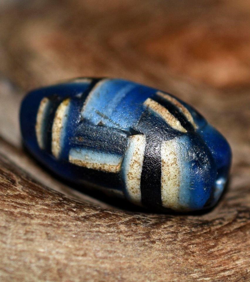 Ancient Islamic Excavated Blue & White Glass Ribbon Bead Mali, African ...