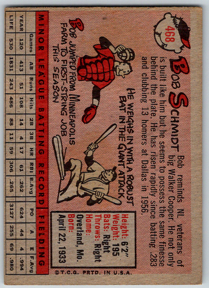 1958 Topps BOB SCHMIDT #468 San Francisco GIANTS Rookie RC stain Fast ...