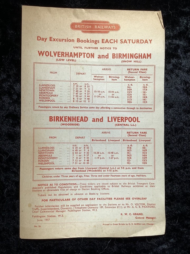 BR 1957 Railway Handbill Llanidloes Newtown Abermule Forden Welshpool ...