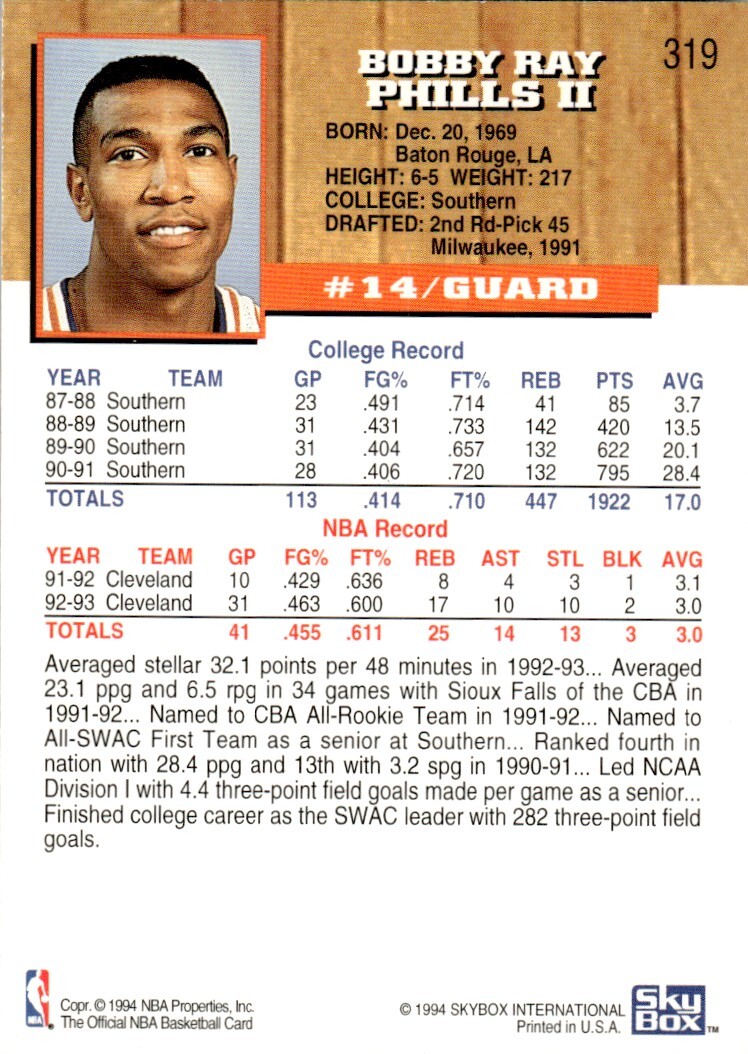 1993-94 NBA Hoops Basketball Card Bobby Phills Cleveland Cavaliers #319 ...