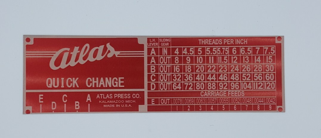 ATLAS 10 INCH LATHE QUICK CHANGE GEARBOX THREAD CHART TAG LABEL | eBay