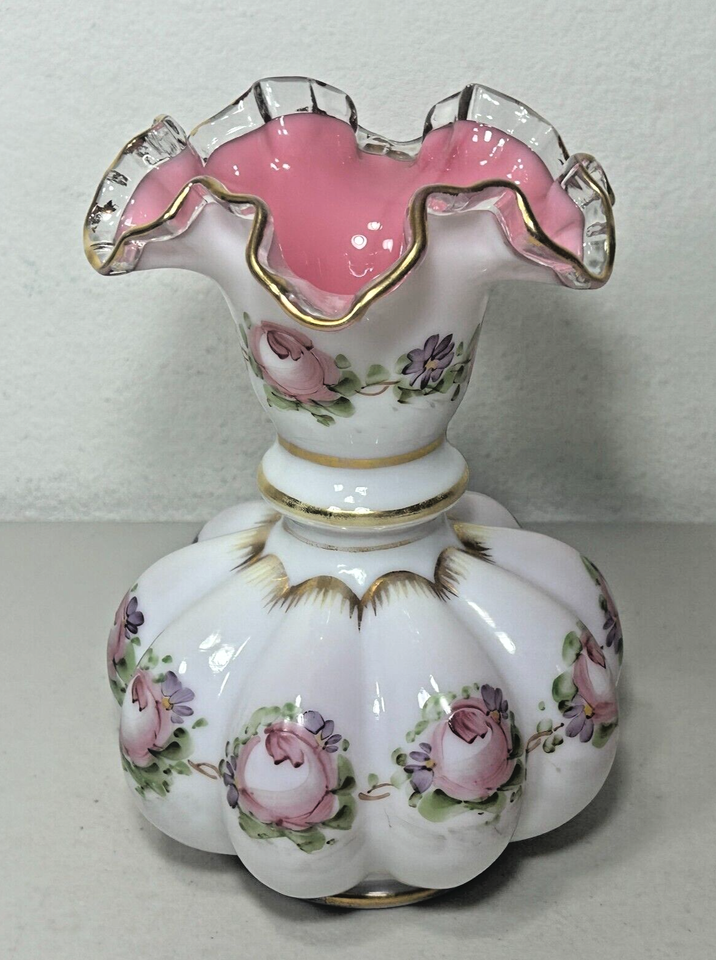 Fenton Charleton Peach Crest Melon Vase Pink Roses Gold Trim Hand ...