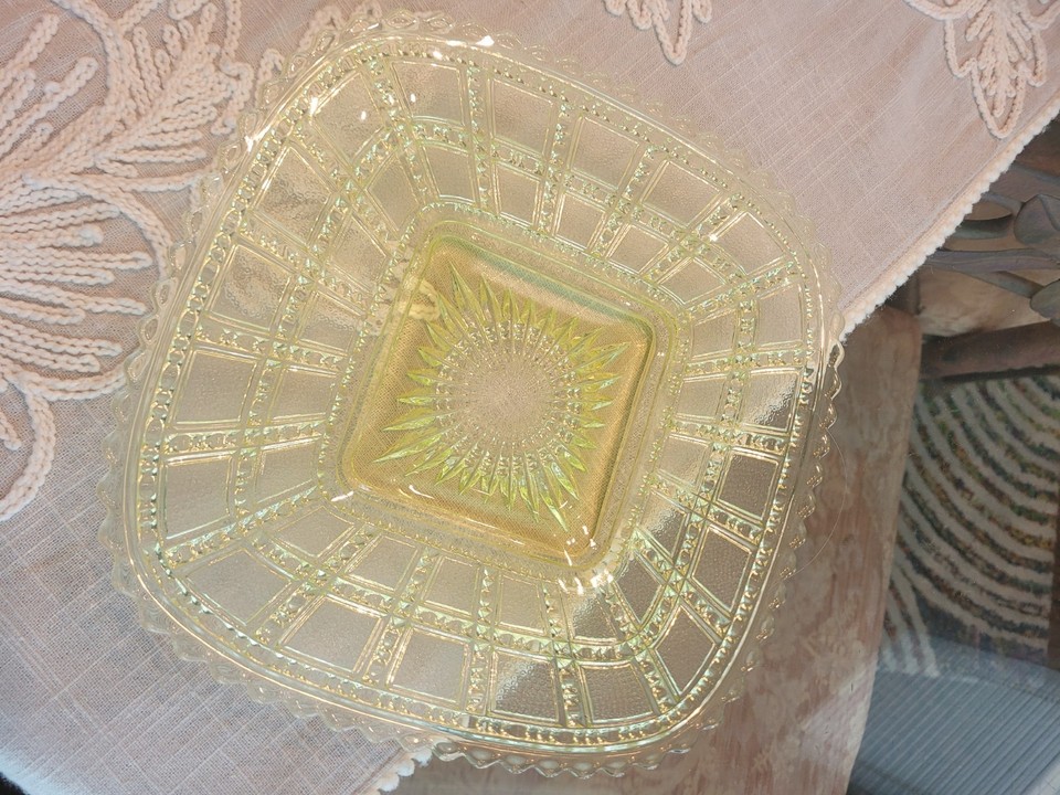 Unmarked Imperial Glass “Beaded Block” 8" Plate Vaseline Glass Uranium ...