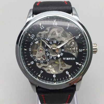 Winner Automatic Watch Men 42mm Silver Tone Skeleton Dial Black Band | eBay