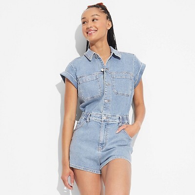 Women's Game Day Short Sleeve Denim Romper - Wild Fable Medium Wash XL ...