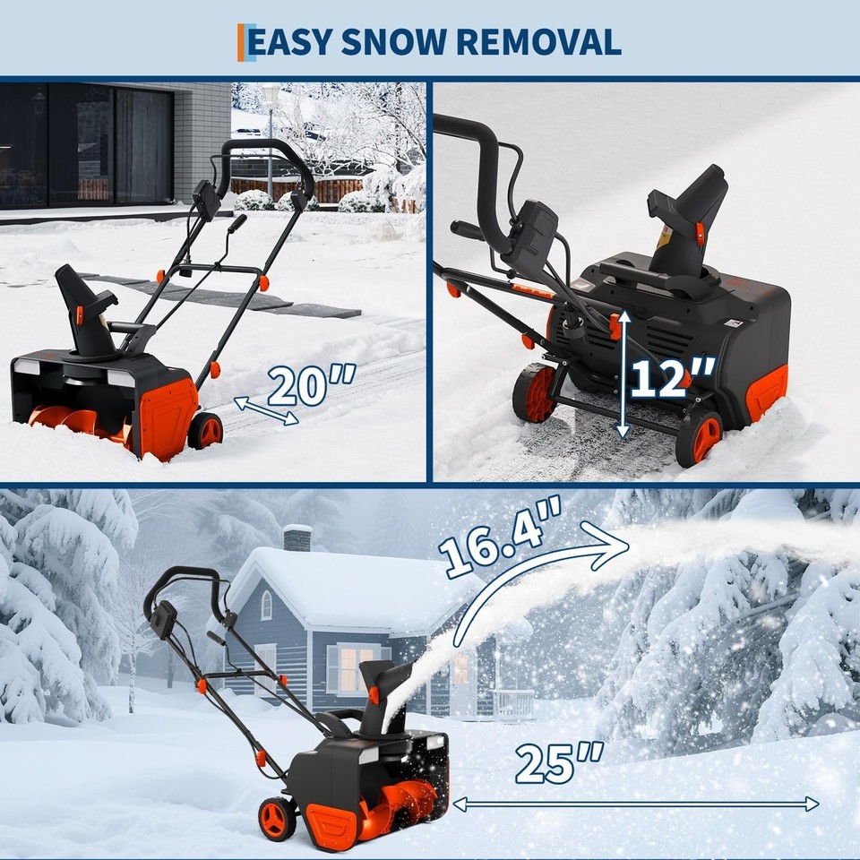 Electric Snow Blower Corded Snow Thrower 20-Inch Clearing Width， 25 Ft ...