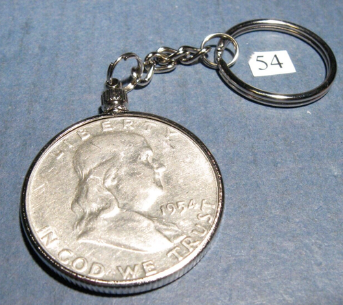 Key Chain Ring w/ 1954 Franklin 90% Silver Half Dollar 50c ~ neat gift ...