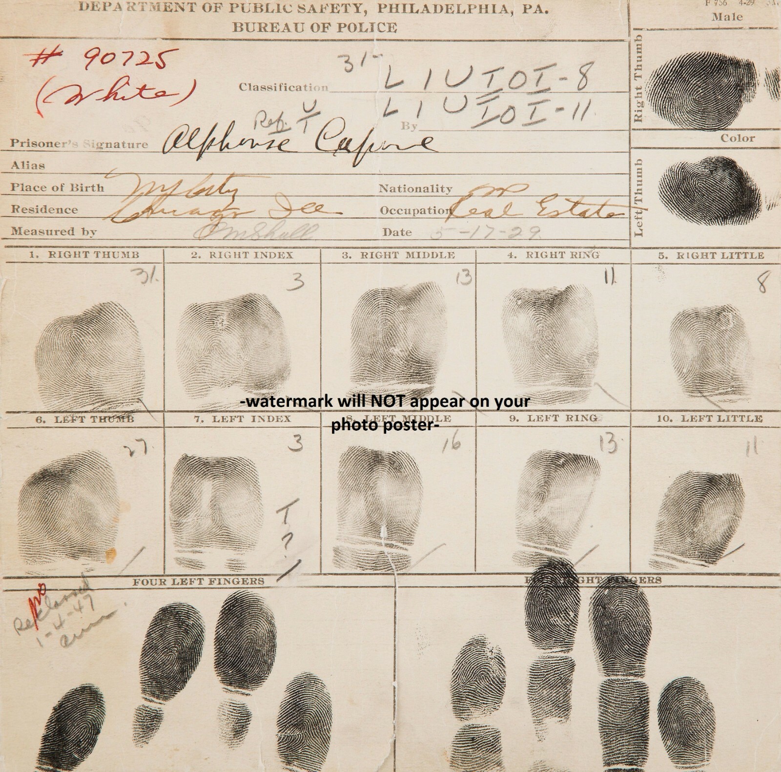 12x12 Al Capone Prison Fingerprint Poster PHOTO Gangster Philadelphia ...