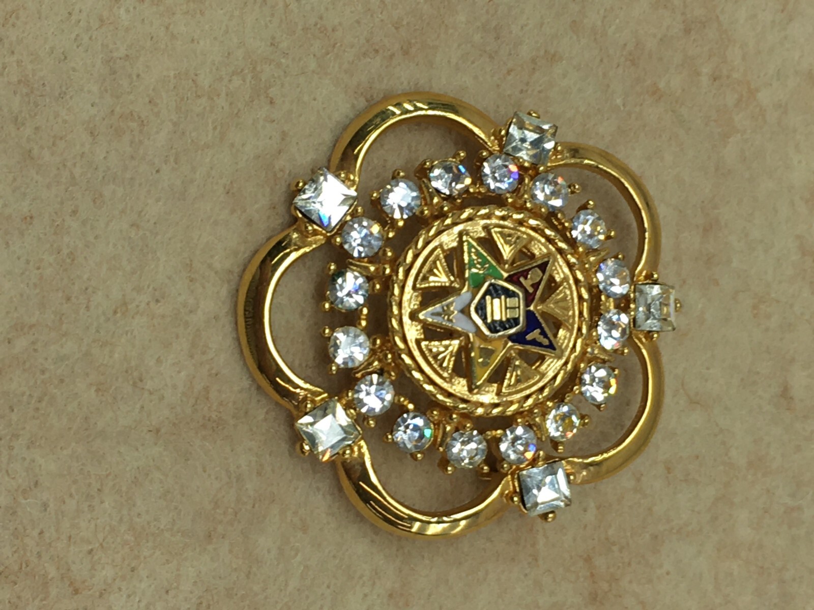 Vintage Masonic Order of the Eastern Star Brooch Pin Rhinestones Gold ...