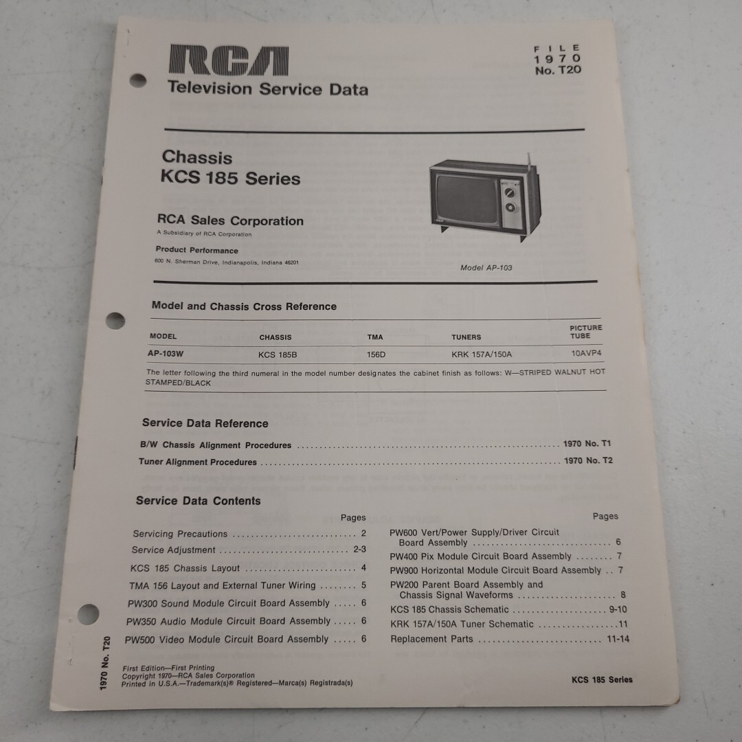 RCA Television Service Data Chassis KCS 185 Series 1970 No T20 AP-103 ...