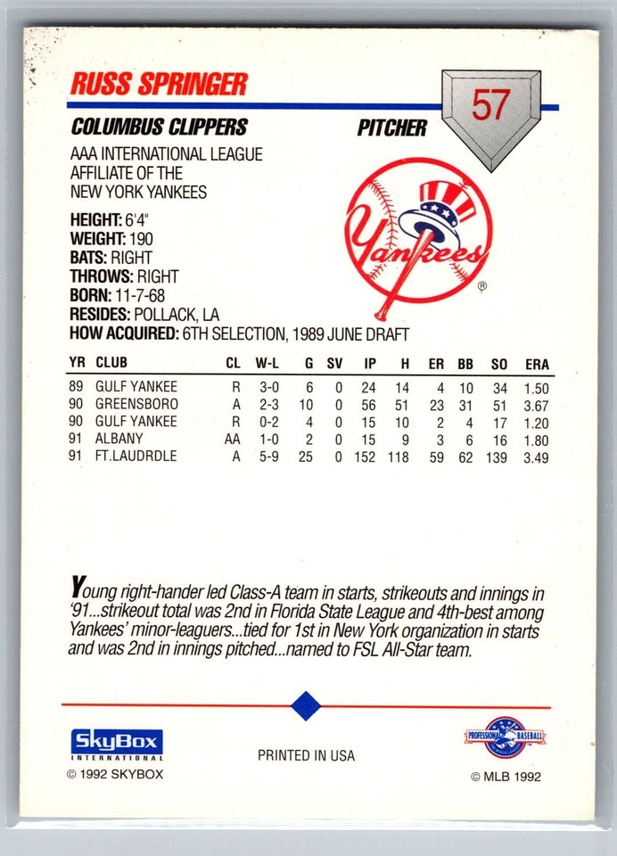 1992 Skybox Russ Springer Columbus Clippers Auto Autograph READ ...