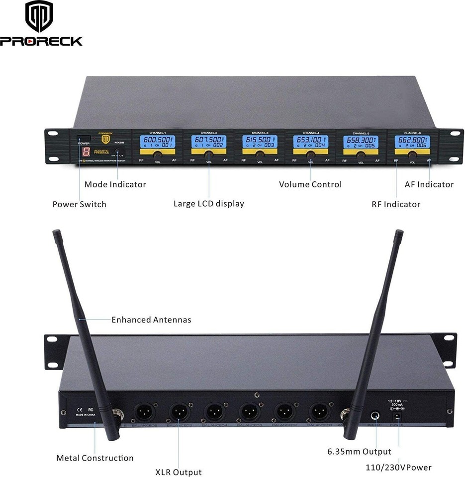 PRORECK MX66 6-Channel UHF Wireless Microphone System with 6 Hand-held ...