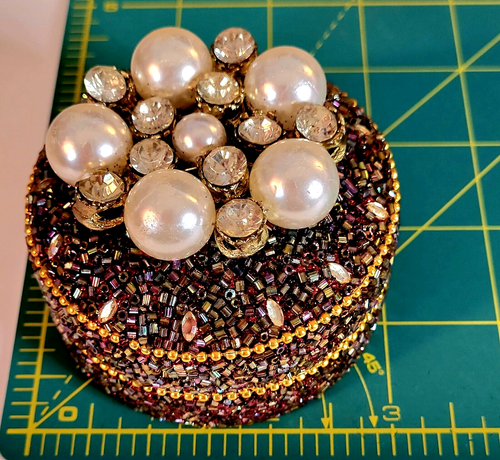 Vintage Sparkly Beaded Round Metal Trinket Box Big Faux Pearls&Clear ...