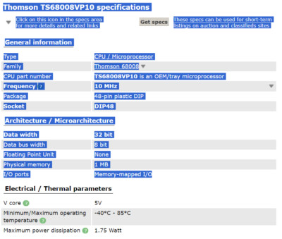 ST Thompson TS68008VP10 MC68008 68008 Microprocessor Pdip 48 - TUBE OF ...