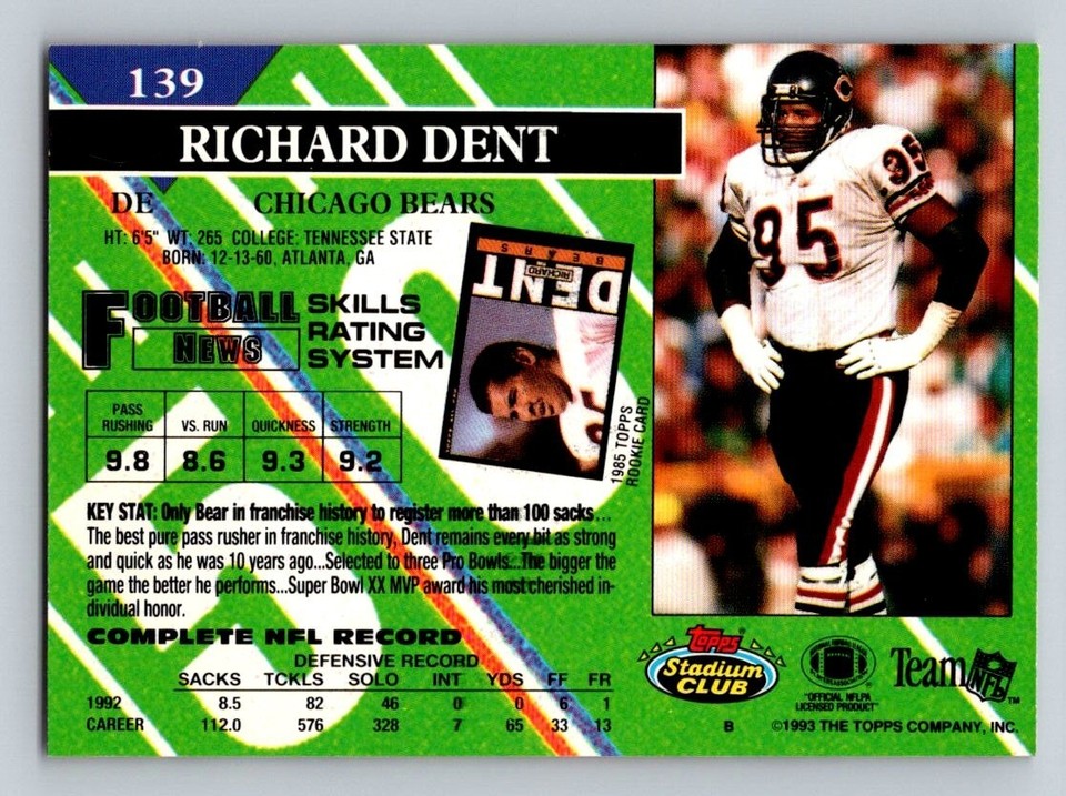 1993 Topps Stadium Club Richard Dent #139 Chicago Bears | eBay
