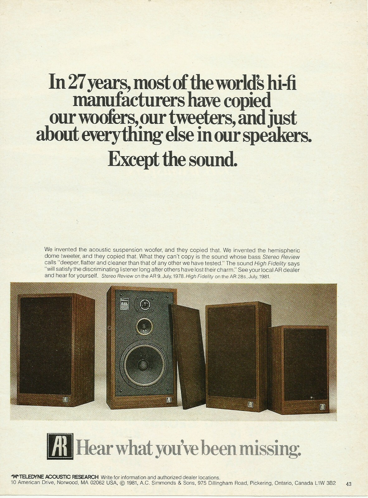 1981 AR Hi-Fi Stereo Speaker High Fidelity vintage print ad 80's ...