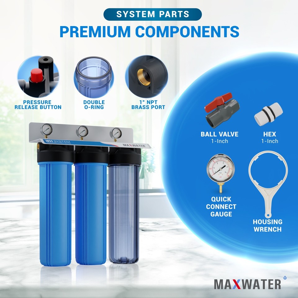 Max Water 3 Stage Big Blue 1" Port Whole House Water Filter + Pressure ...