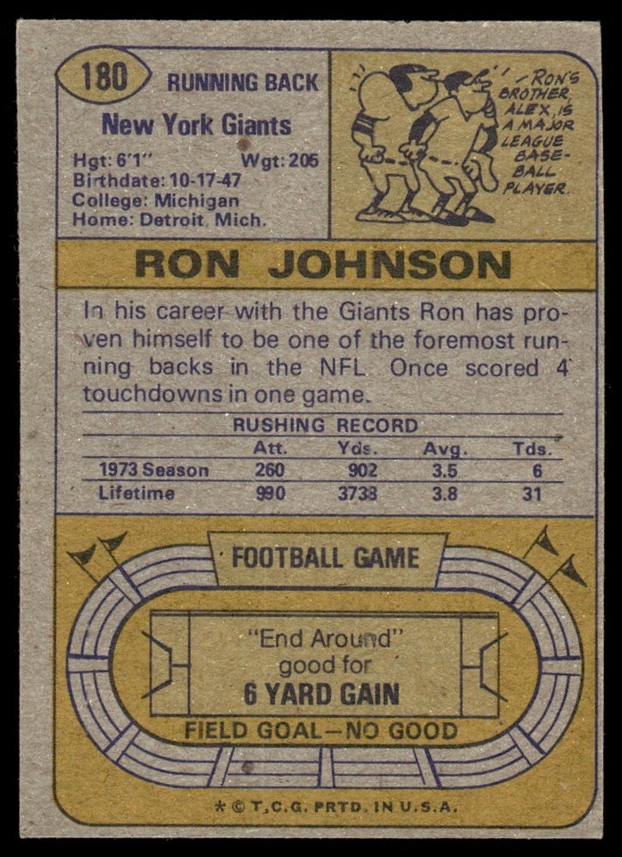 1974 Topps Football Card Ron Johnson New York Giants #180 EX-MT | eBay
