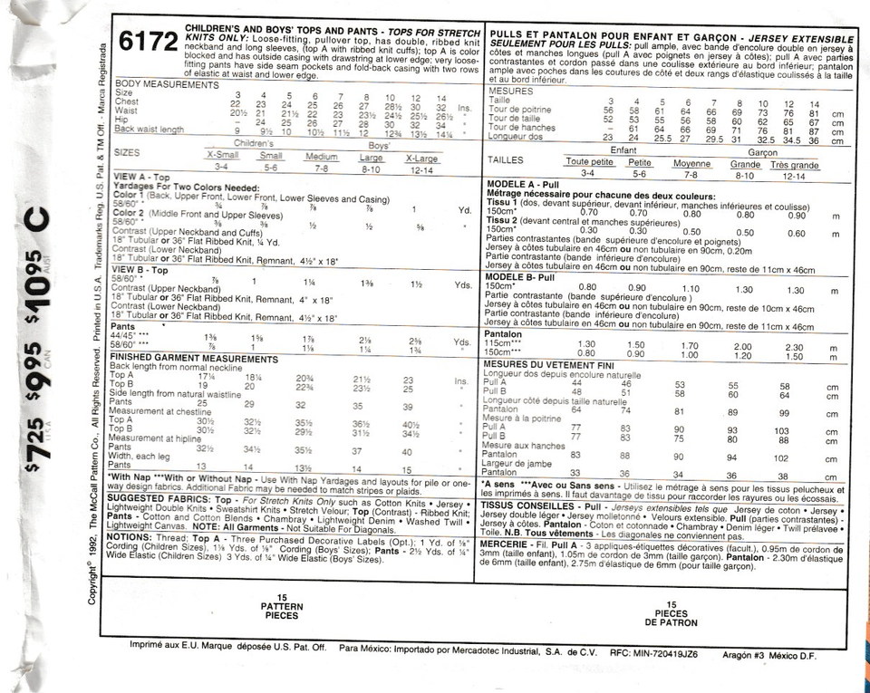 McCall's Sewing Pattern 6172 Boys Tops & Pants by Gitano Size 7, 8; FF ...