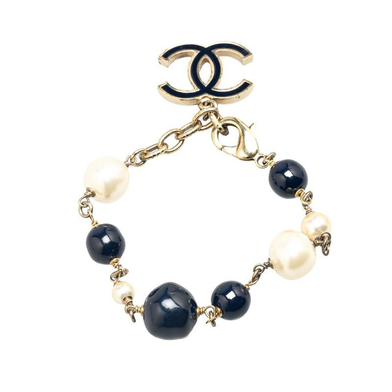 Chanel Coco Mark Navy Black Gold Fake Pearl Bracelet Women's Used | eBay