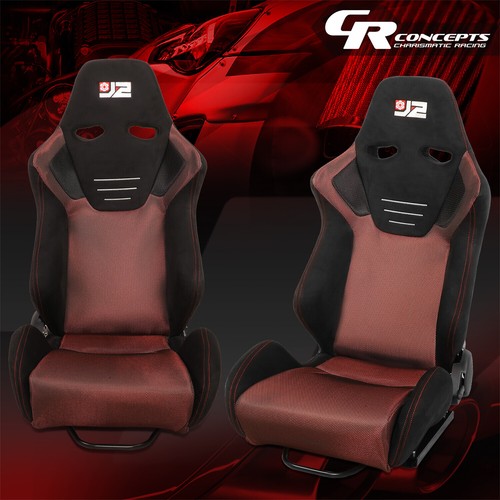 J2 PAIR RED STITCHING MESH BACK RECLINABLE BUCKET RACE SEATS W/ADJUST ...