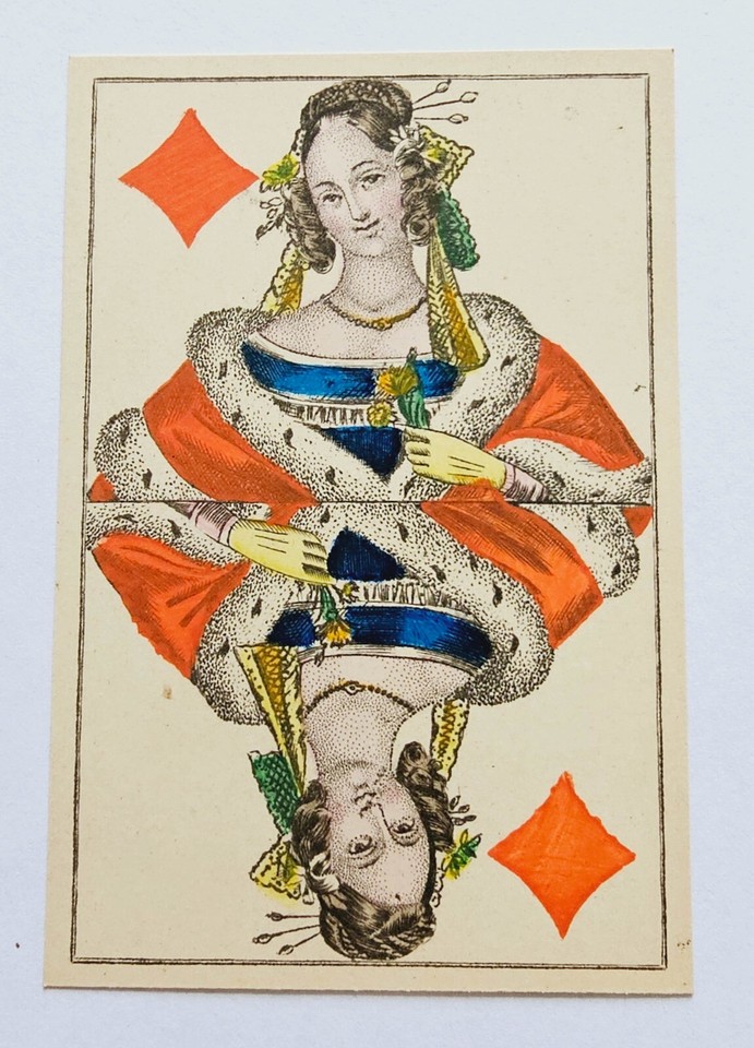 European Playing Card Single Queen of Diamonds 19th c Hand Colored ...