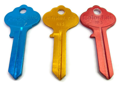 3-pc IN3 BLUE YELLOW RED Anodized Aluminum Key Blanks Cole National ...