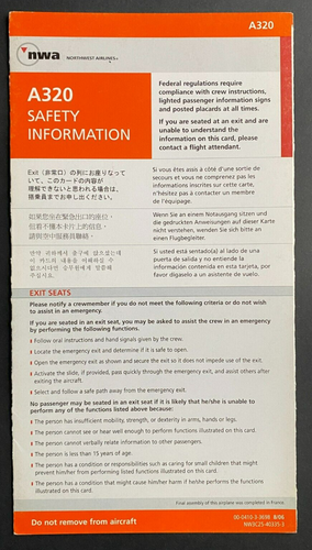 NWA Northwest Airlines Airbus A320 Safety Card - 8/06 | eBay