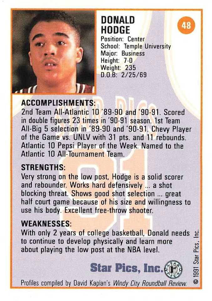1991 Star Pics Basketball #48 Donald Hodge | eBay
