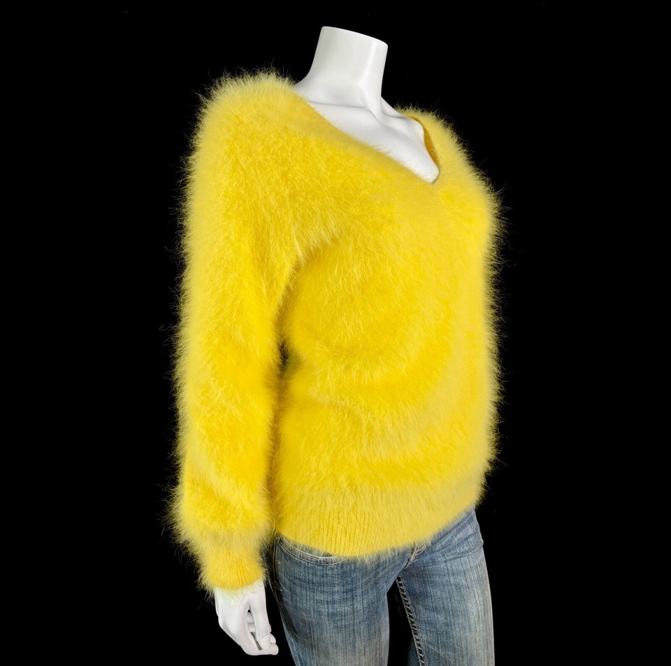 80% Angora Fuzzy Vintage Peeps-Yellow V-Neck Pullover Sweater 36 in ...
