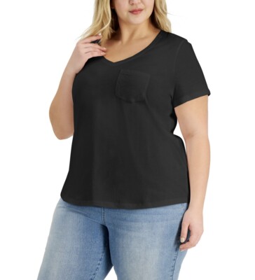 Style & Co. Women's Cotton Solid V-Neck Top Deep Black Plus Size 2X | eBay