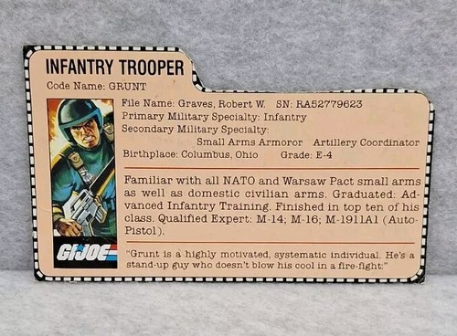 Vintage 1982 GI Joe Grunt V1 Straight Arm Red Back File Card Bubble ...