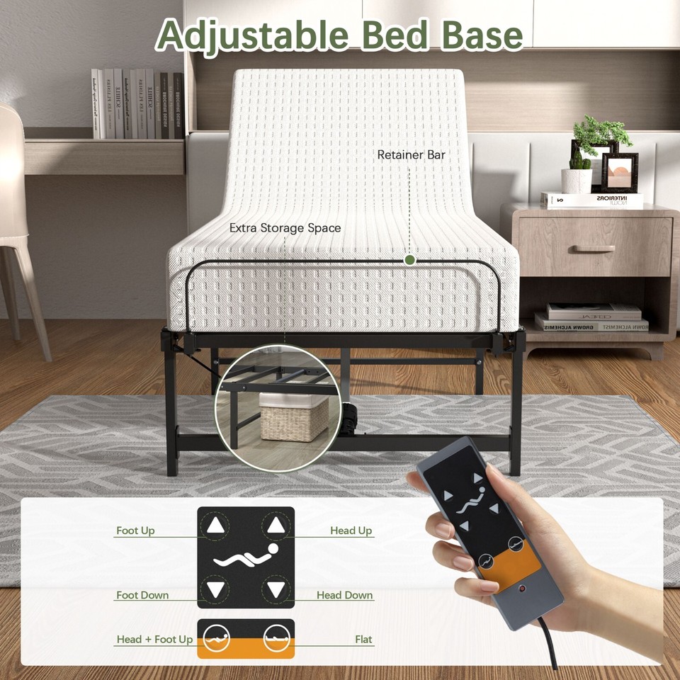 Electric Adjustable Bed Frame Head & Foot Incline Bed Base Wired Remote ...