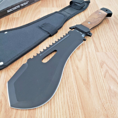 Mil-Tec Bolo Machete 9.25" Stainless Steel Sawback Blade Brown Wood ...