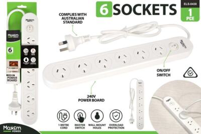 Maxem Power 1pce 6 Way Powerboard with 1 Switch 1M Cord | eBay
