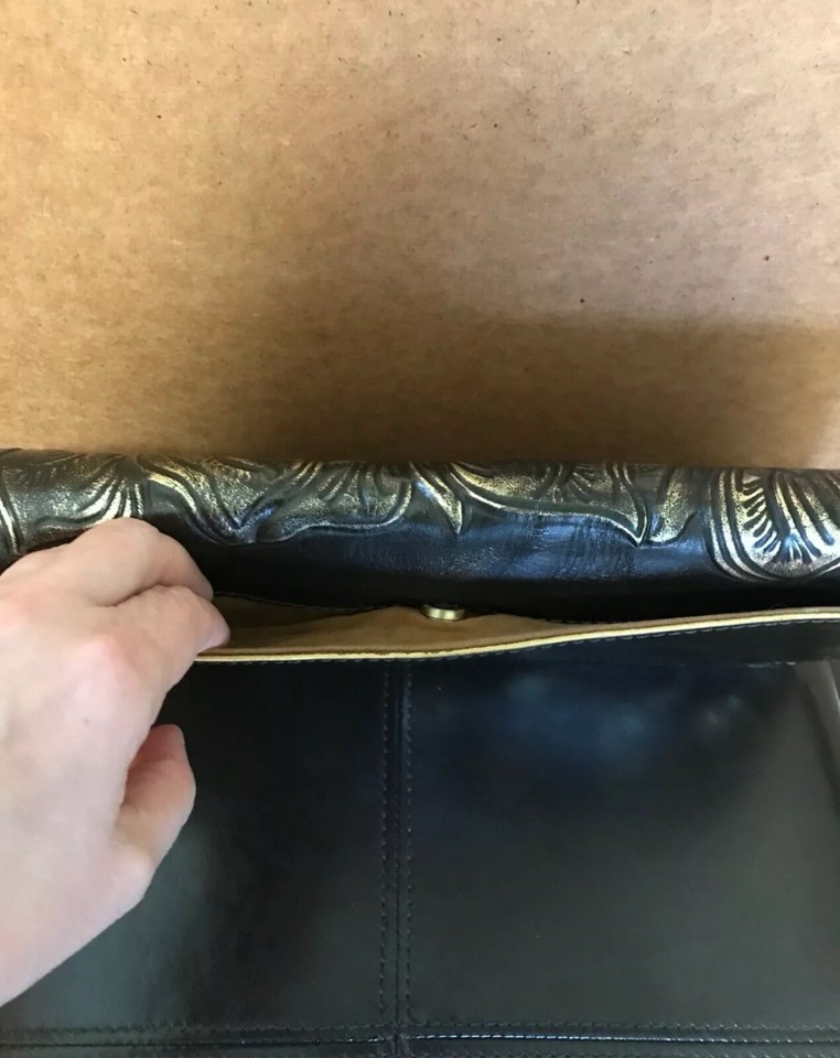 Patricia Nash crossbody bag clutch metallic rose leather black gold | eBay