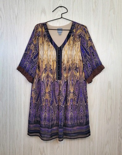 RRR RABBIT 3/4 Sleeve V-Neck Knee-Length Dress Purple Floral Paisley ...