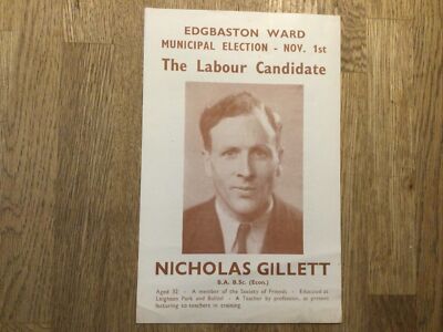 Vintage Nicholas Gillett Labour Party Edgbaston Ward Election 1951 ...