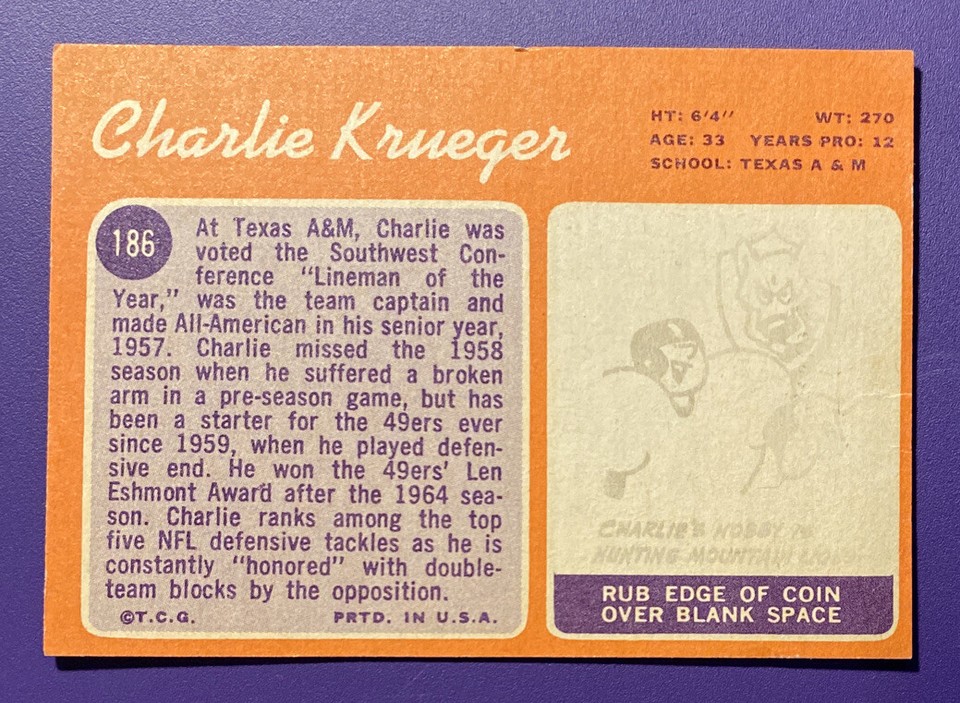 Charlie Krueger - 49ers 1970 #186 Topps Football Card - NFL - Fair ...