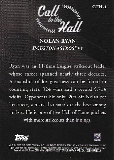 2025 Topps Nolan Ryan CALL TO HALL Astros Card #cth-11 HOF | eBay